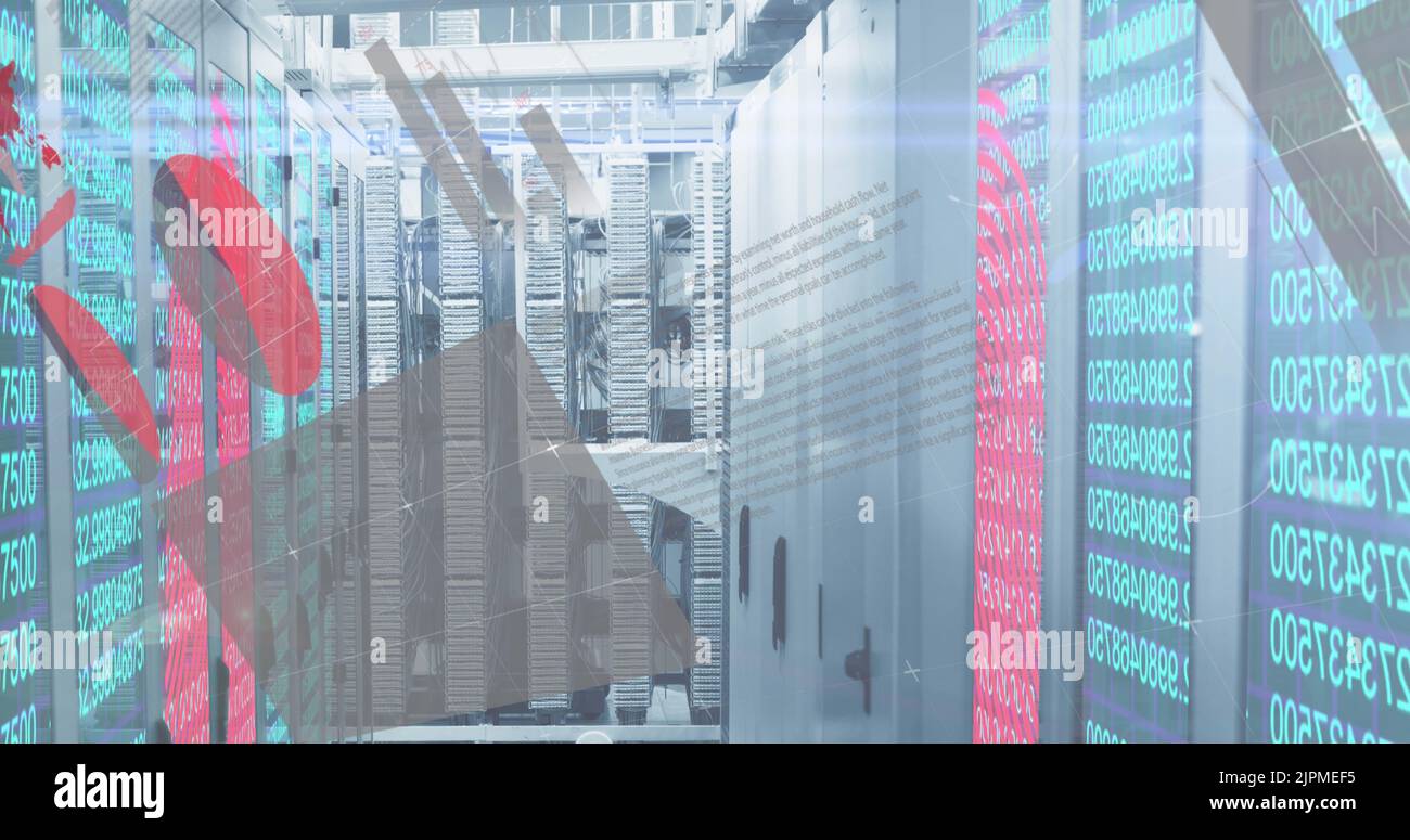 Image of statistics and graphs rolling over a server room with screens ...