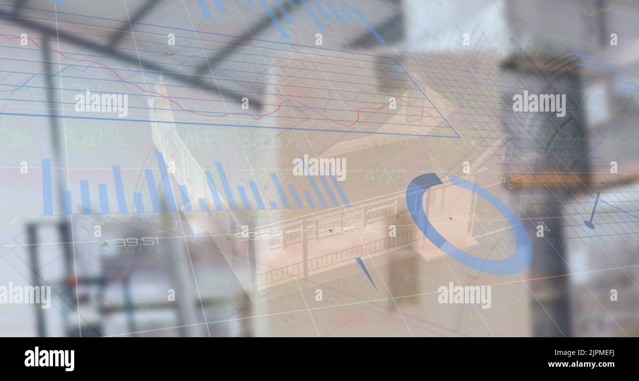Image of financial data and graphs over packages in warehouse Stock ...