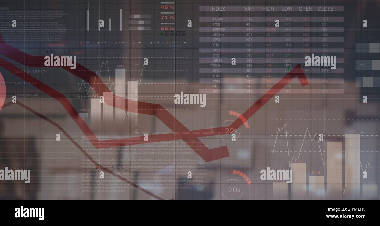 Image of financial data and graphs over packages in warehouse Stock ...