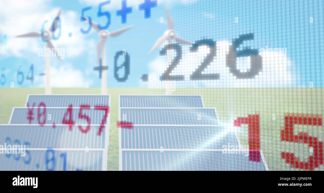 Image of financial data and graphs over background with solar panels and wind turbines Stock ...
