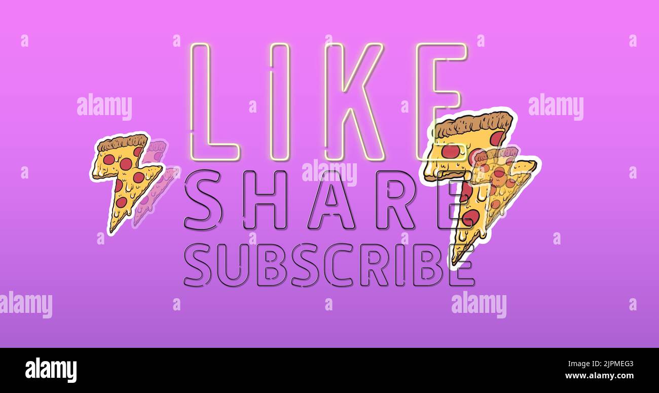 Multiple pizza slice icons over neon like share subscribe neon text ...