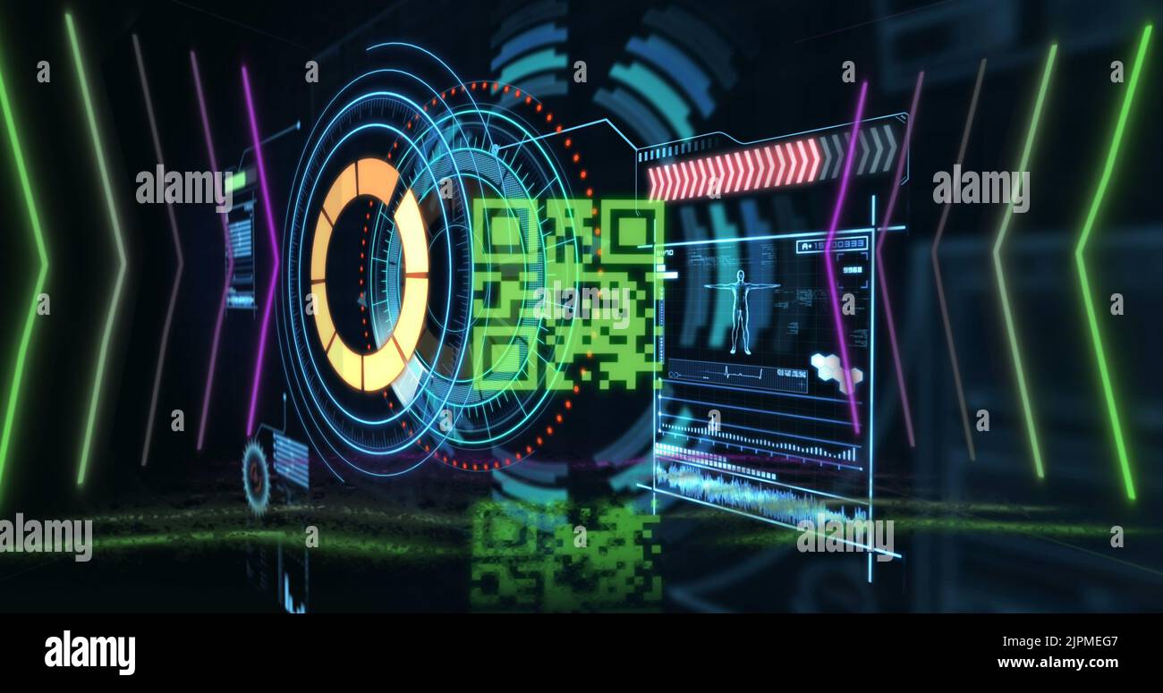 Image of neon qr code with lines over data processing and scope ...