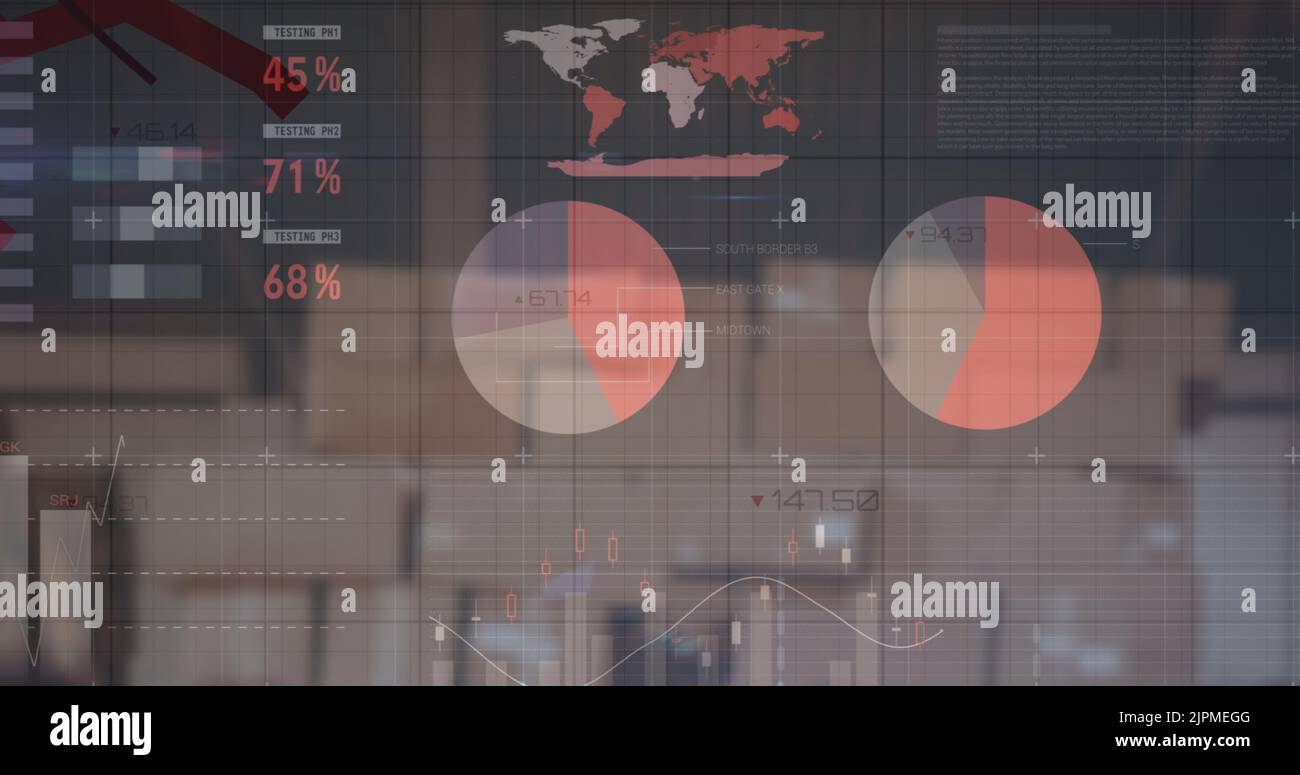 Image of financial data and graphs over packages in warehouse Stock ...