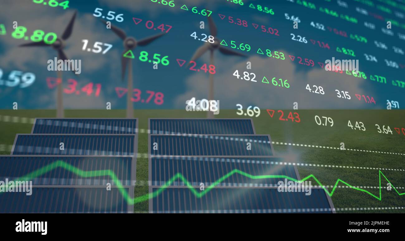 Image of financial data and graphs over background with wind turbines ...