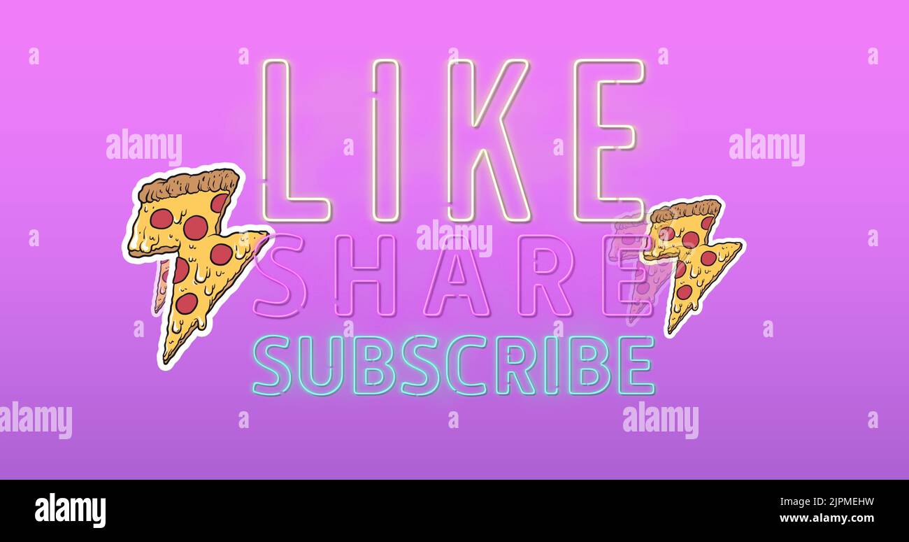 Multiple pizza slice icons over neon like share subscribe neon text ...