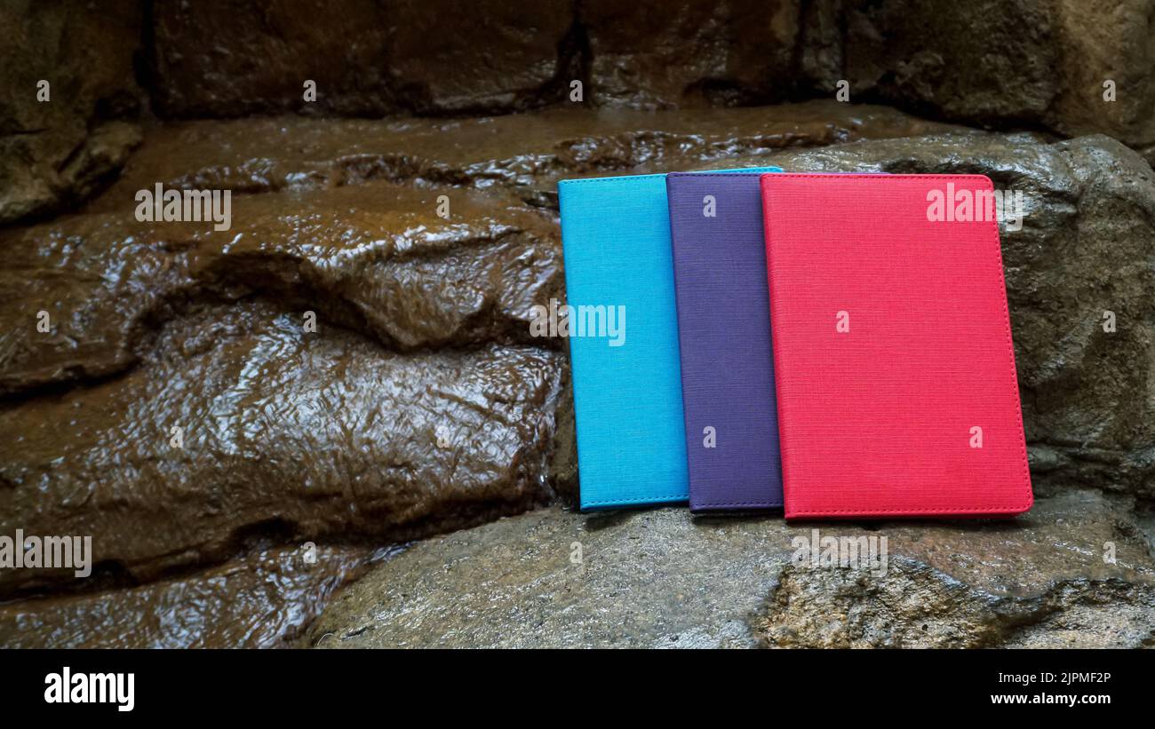 Blue purple and red notebooks standing on the rock. Back to school ...