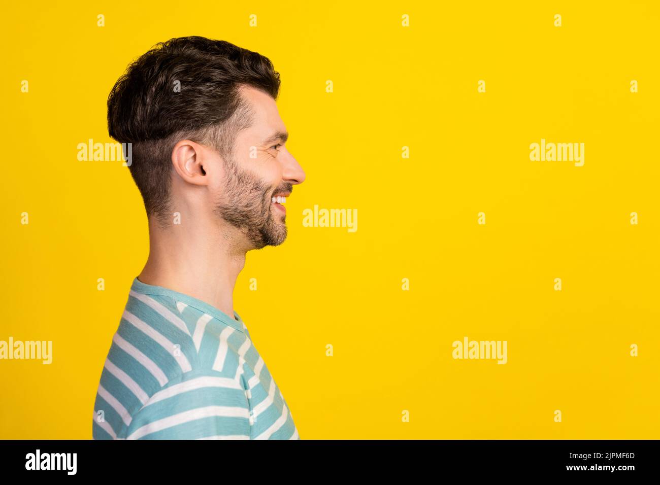 Profile photo of funny guy look promo wear striped t-shirt isolated on ...