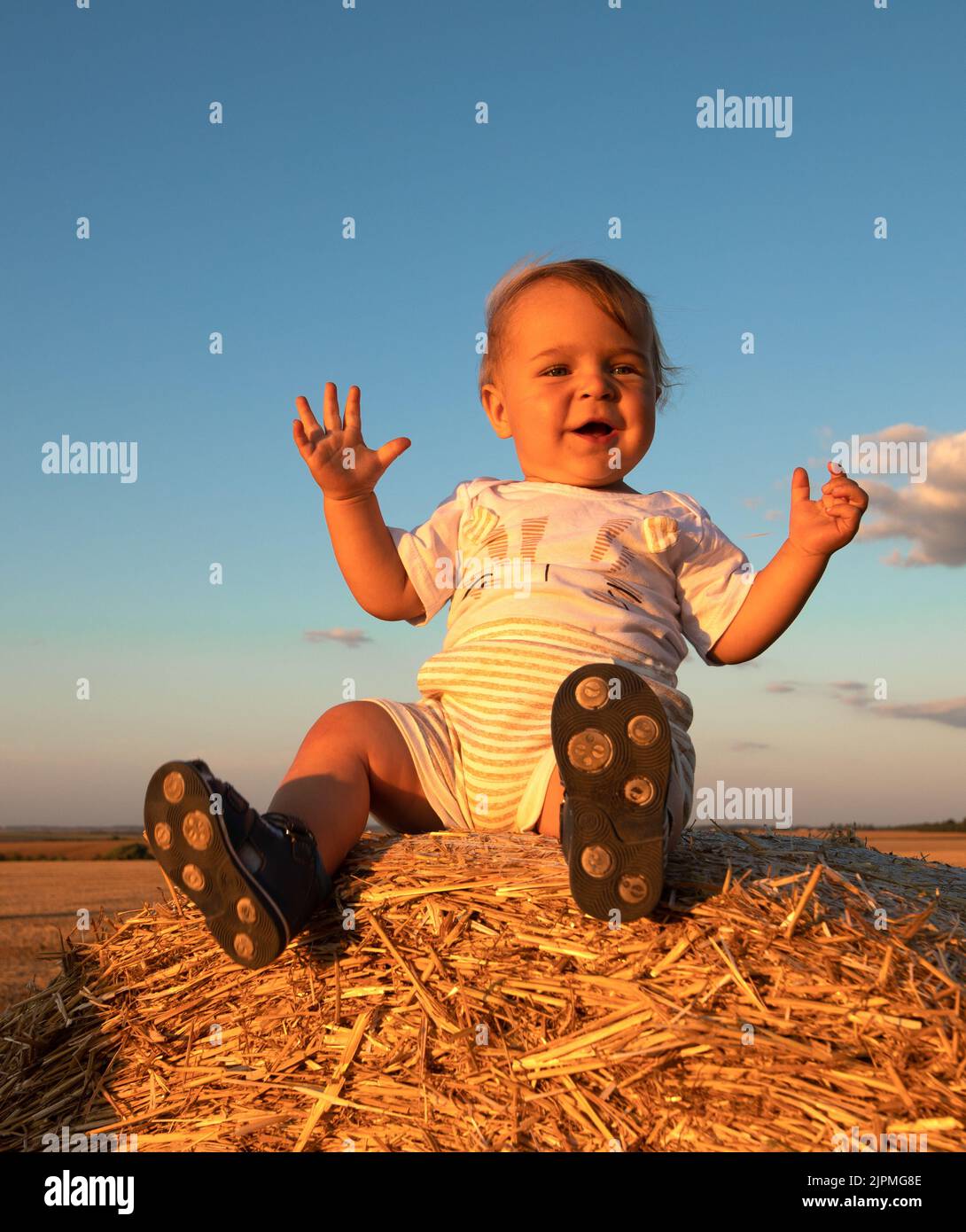 cheerful little boy is sitting on a large round bale of straw. Rest in ...