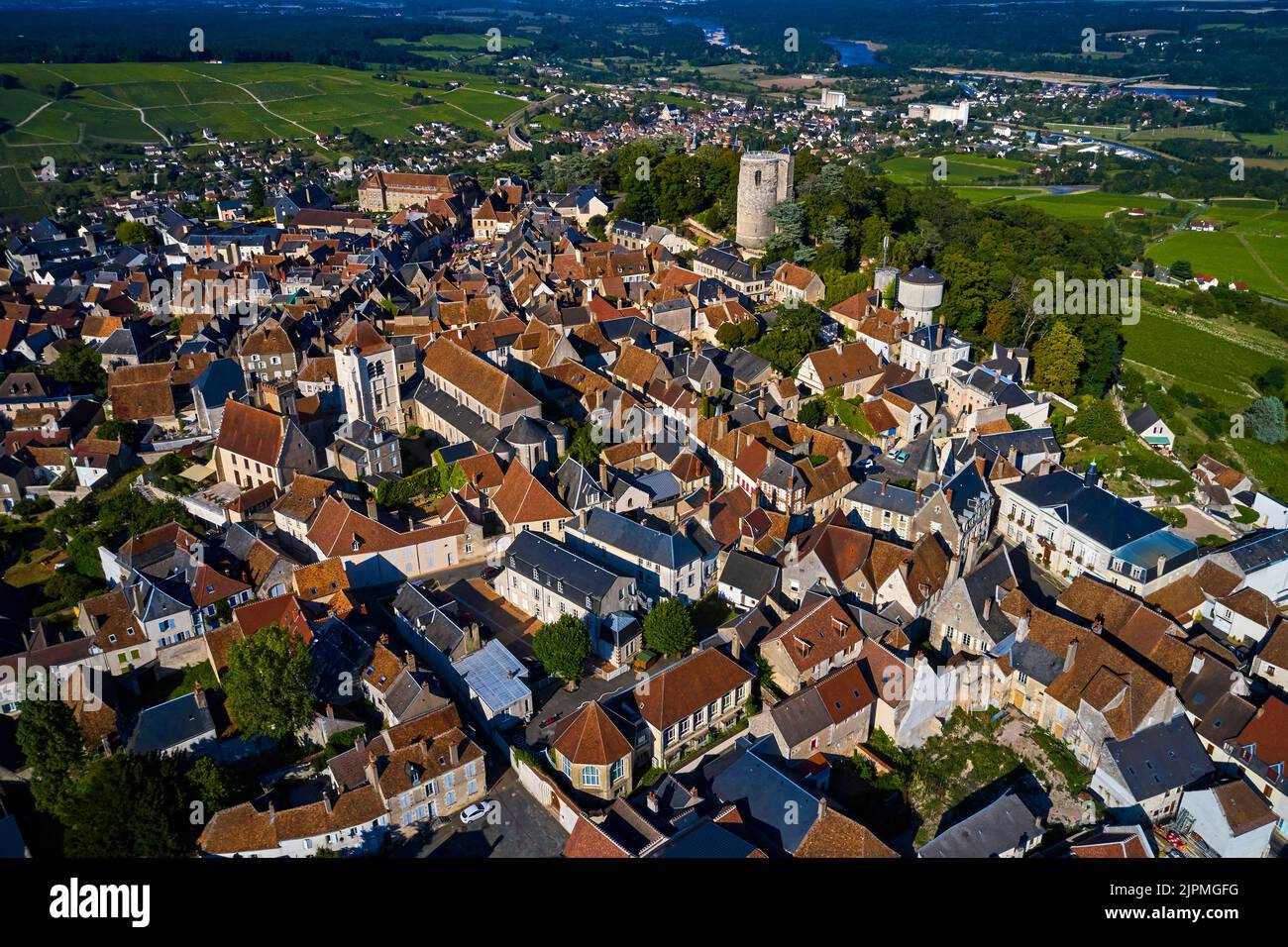 France, Cher, Berry, aerial view of Sancerre village and vineyard Stock ...