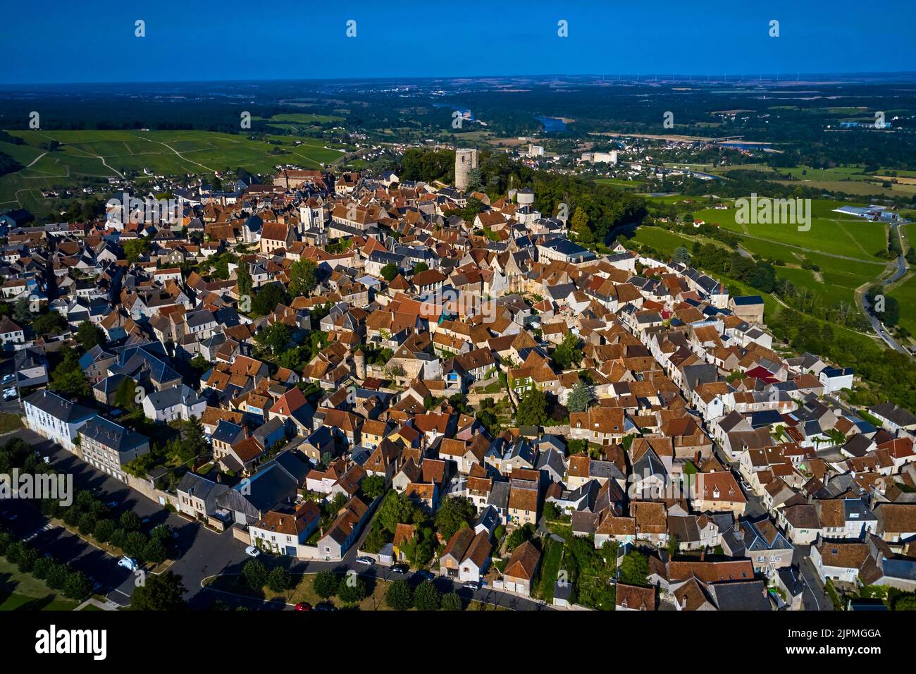 France, Cher, Berry, aerial view of Sancerre village and vineyard Stock ...