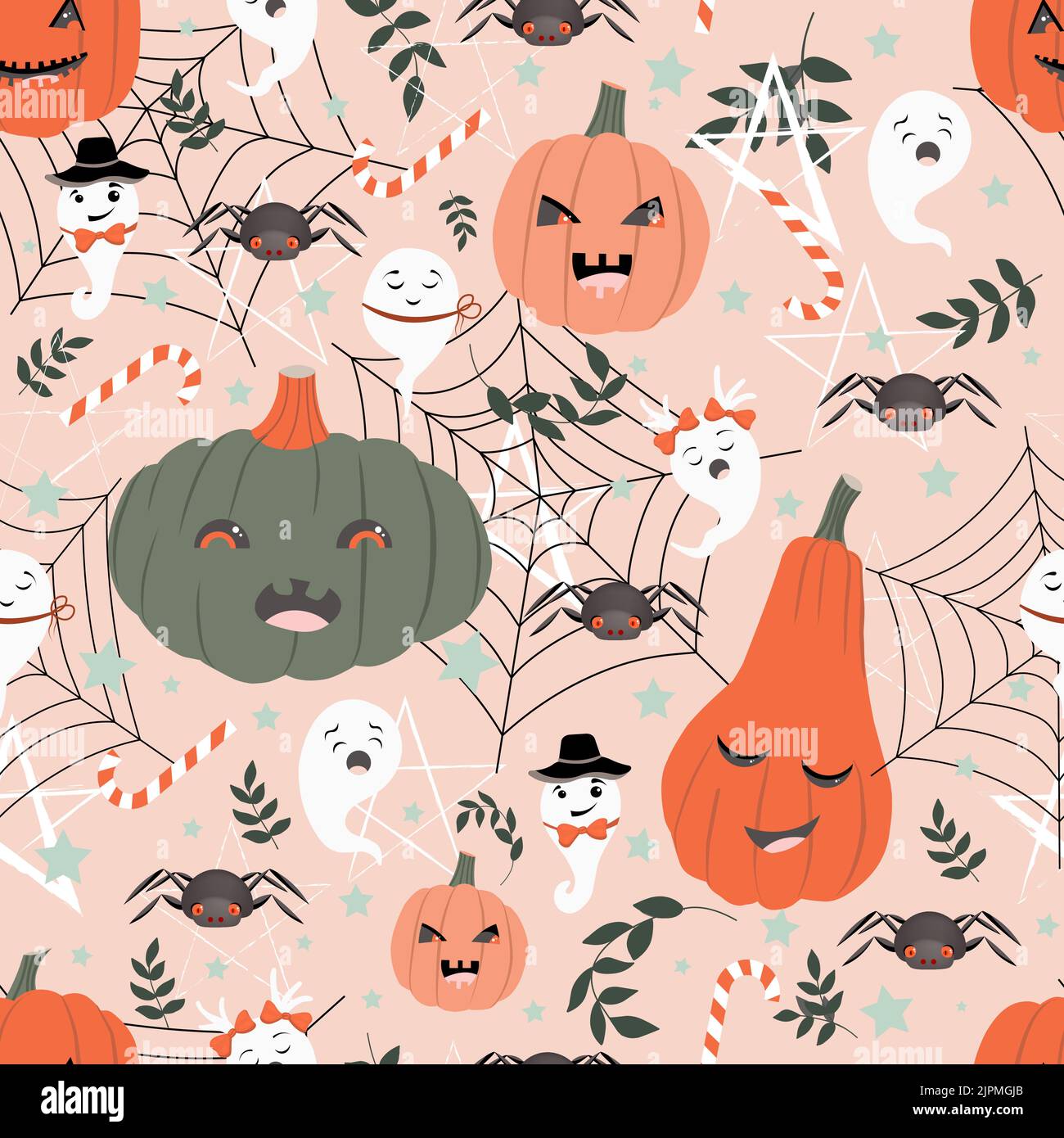 Modern halloween design seamless. Pink background with pumpkins ...