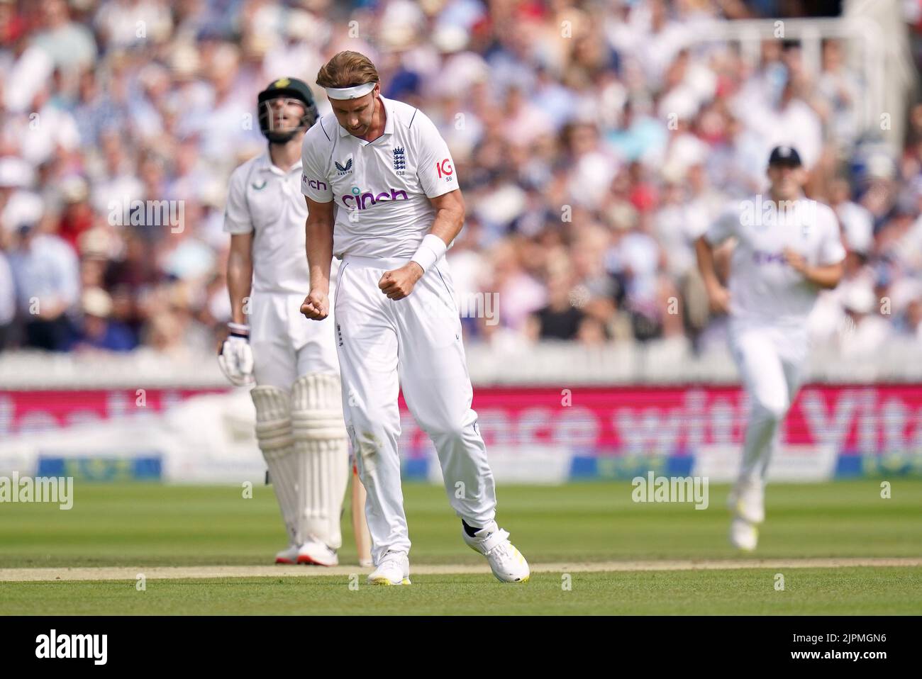 England's Stuart Broad celebrates taking the wicket of South Africa's ...