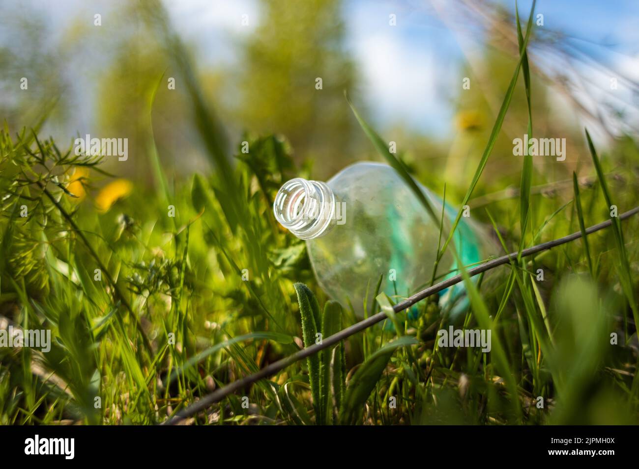 Abandoned garbage plastic and glass waste in nature among the grass ...