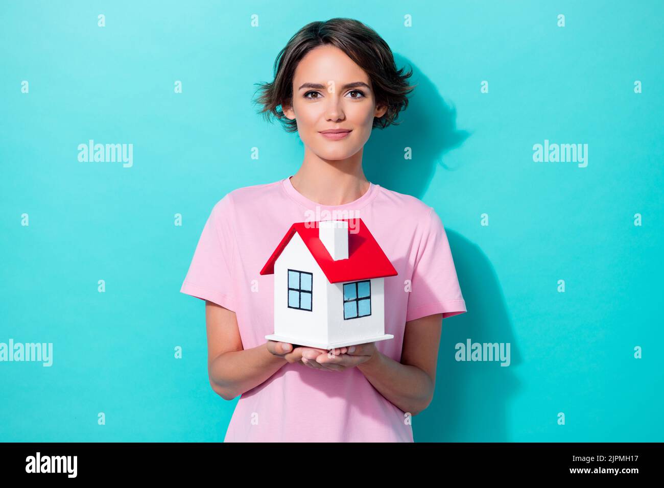 Photo of pretty satisfied person arm hold demonstrate present show ...