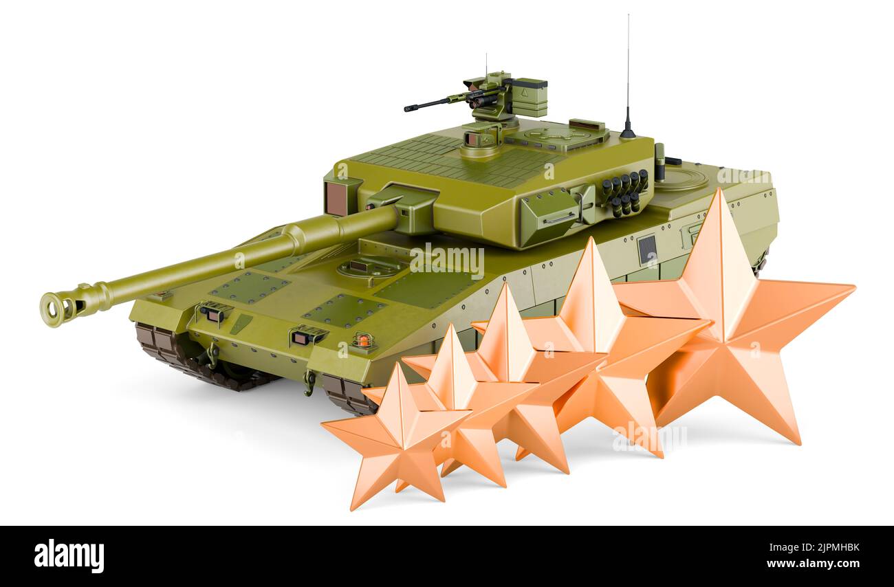 Battle tank with five golden stars. Customer rating of battle tank. 3D ...