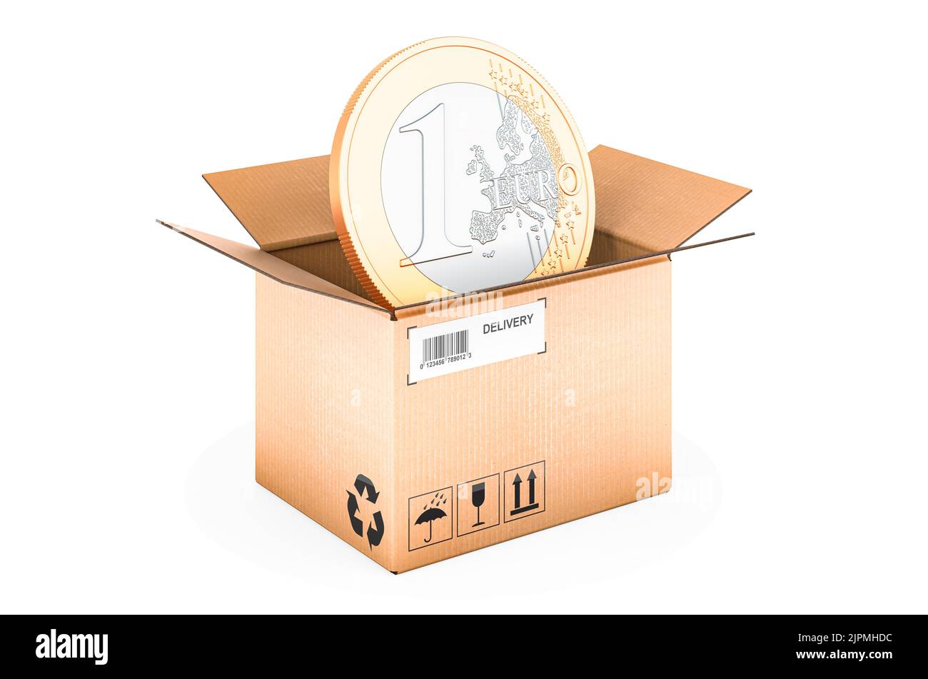 Euro coin inside cardboard box, 3D rendering isolated on white ...