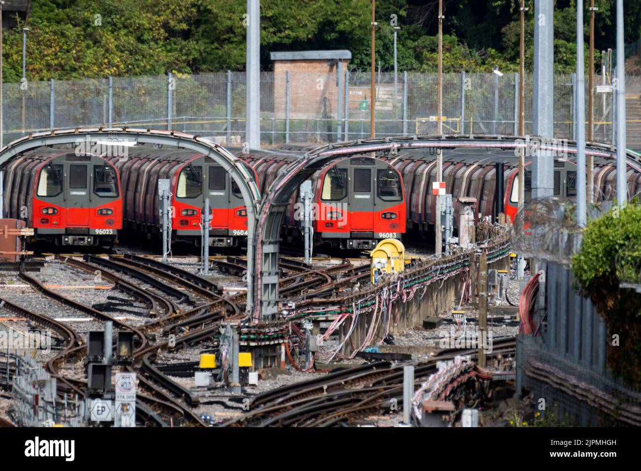 London, UK. 19 August 2022. Tube trains parked up at Stanmore tube ...