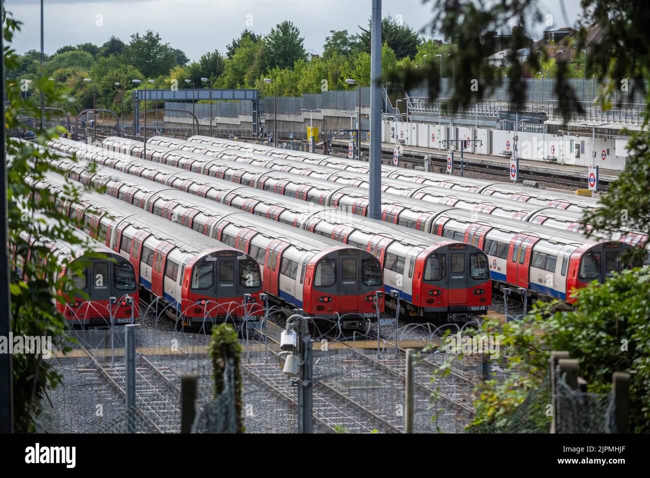 London, UK. 19 August 2022. Tube trains parked up at Stanmore tube ...