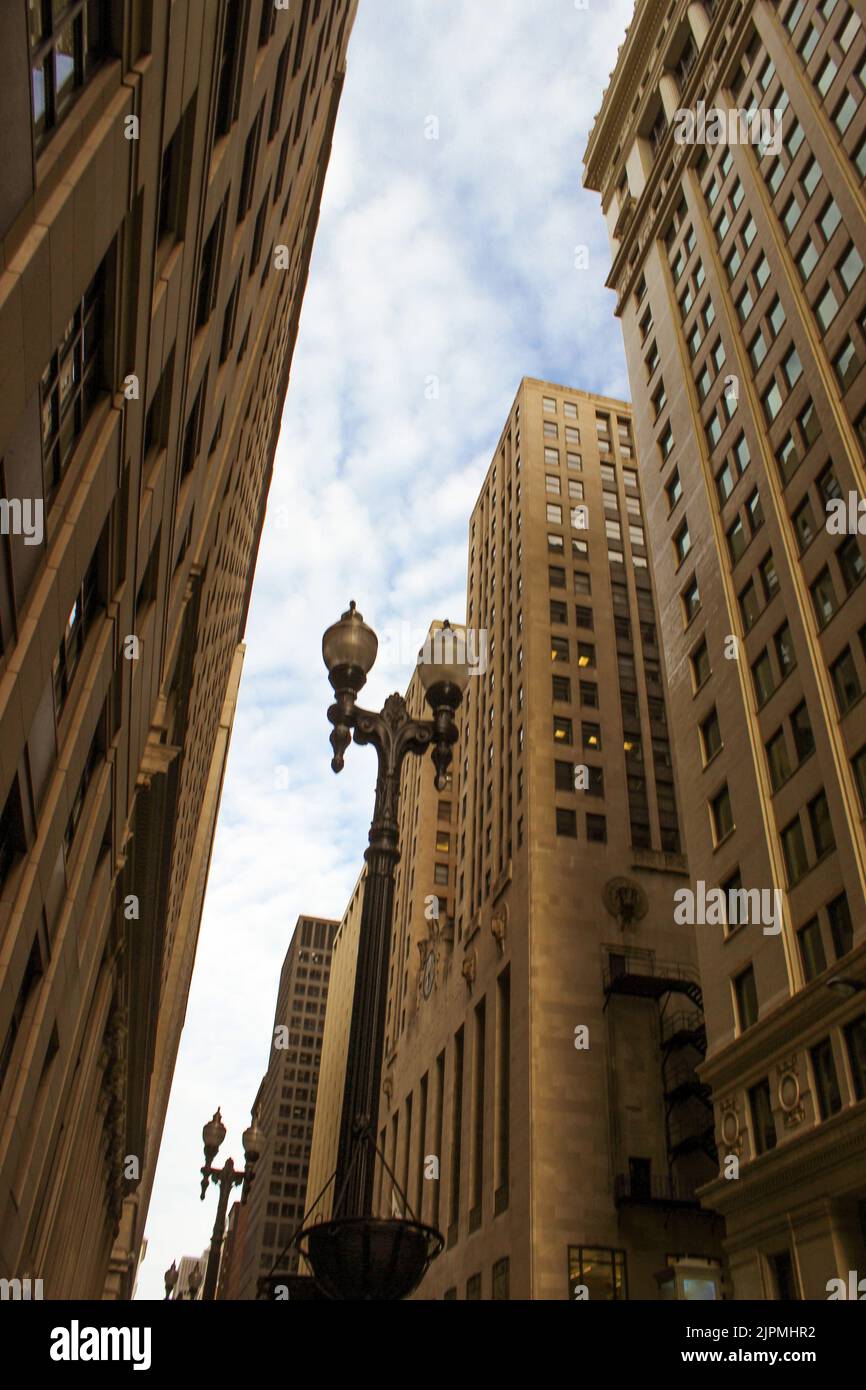 A low angle shot of the old tall buildings in downtown Chicago Stock ...