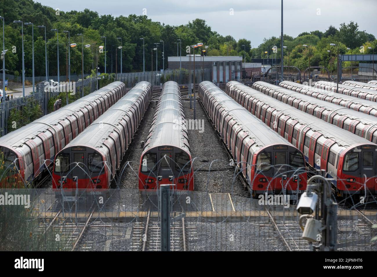 London, UK. 19 August 2022. Tube trains parked up at Stanmore tube ...