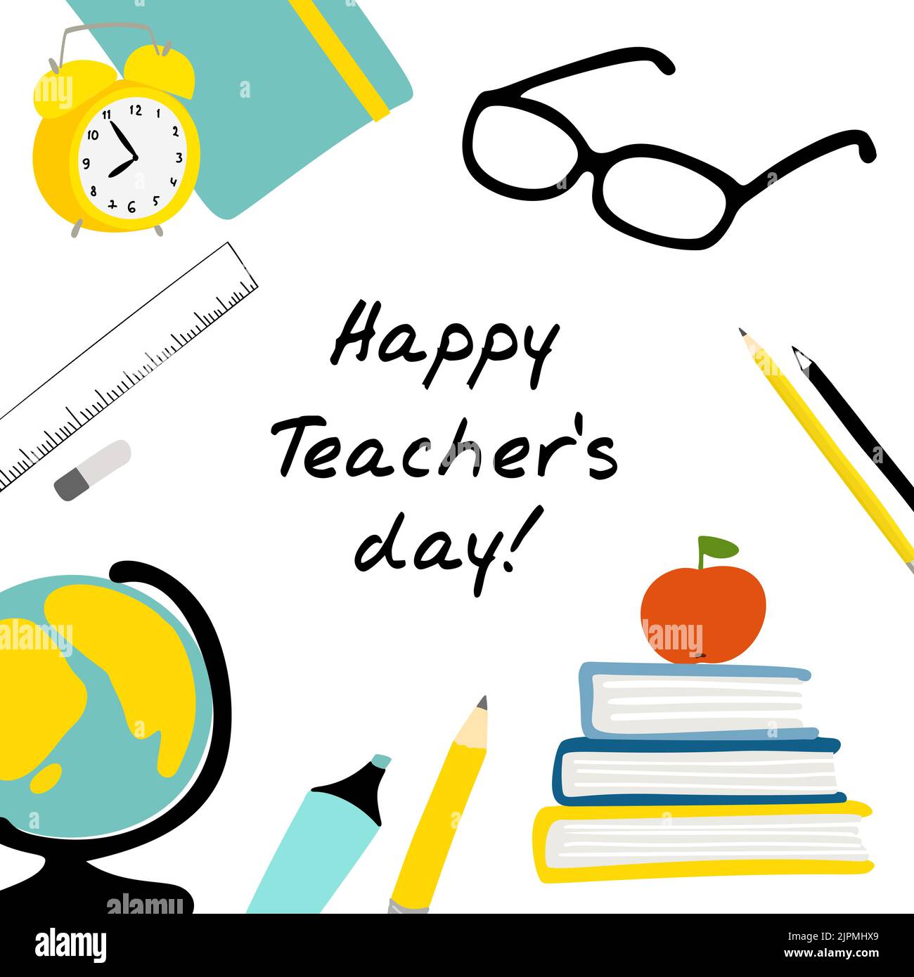 Happy teachers day illustration with school supplies globe, notebook ...