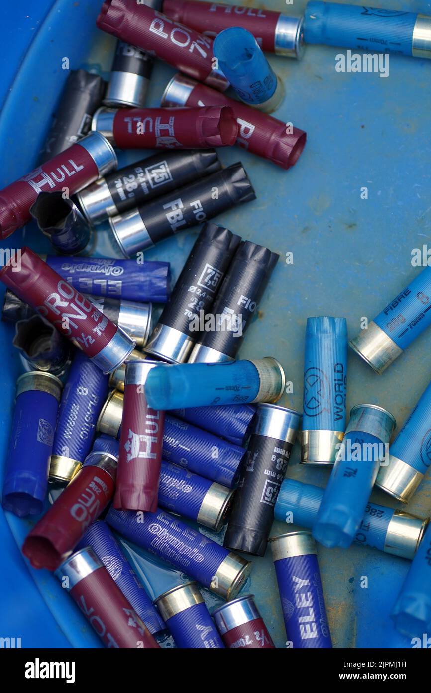 Used shotgun cartridges in the bottom of a barrel Stock Photo - Alamy