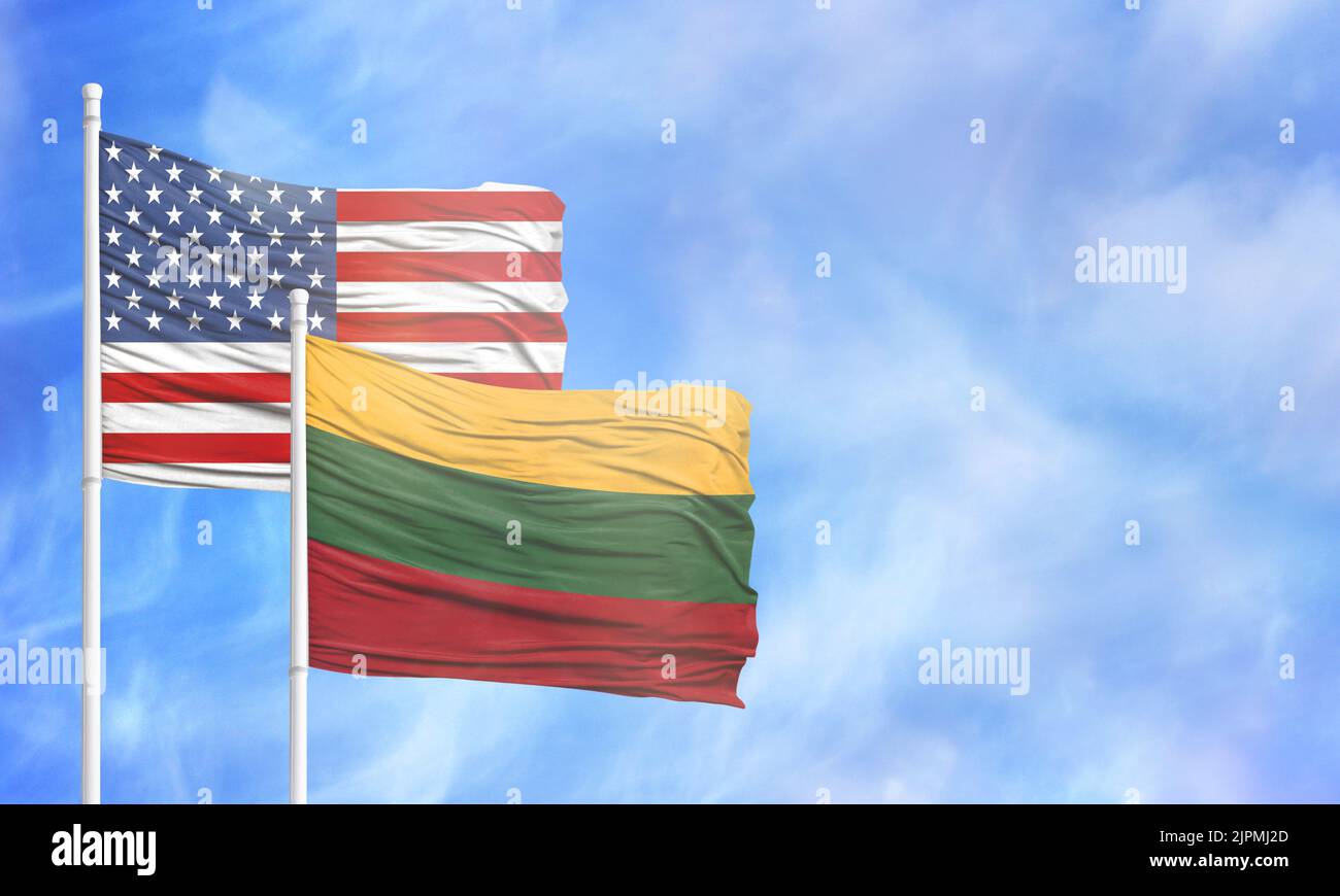 Waving American flag and flag of Lithuania Stock Photo - Alamy