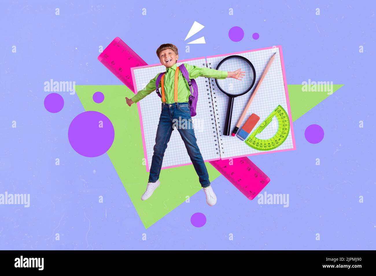 Composite collage of little boy jump fly big copybook ruler magnifier ...