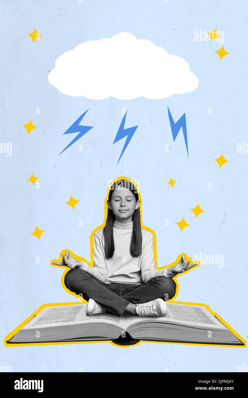 Vertical banner collage of little girl sit on book wear casual cloth ...