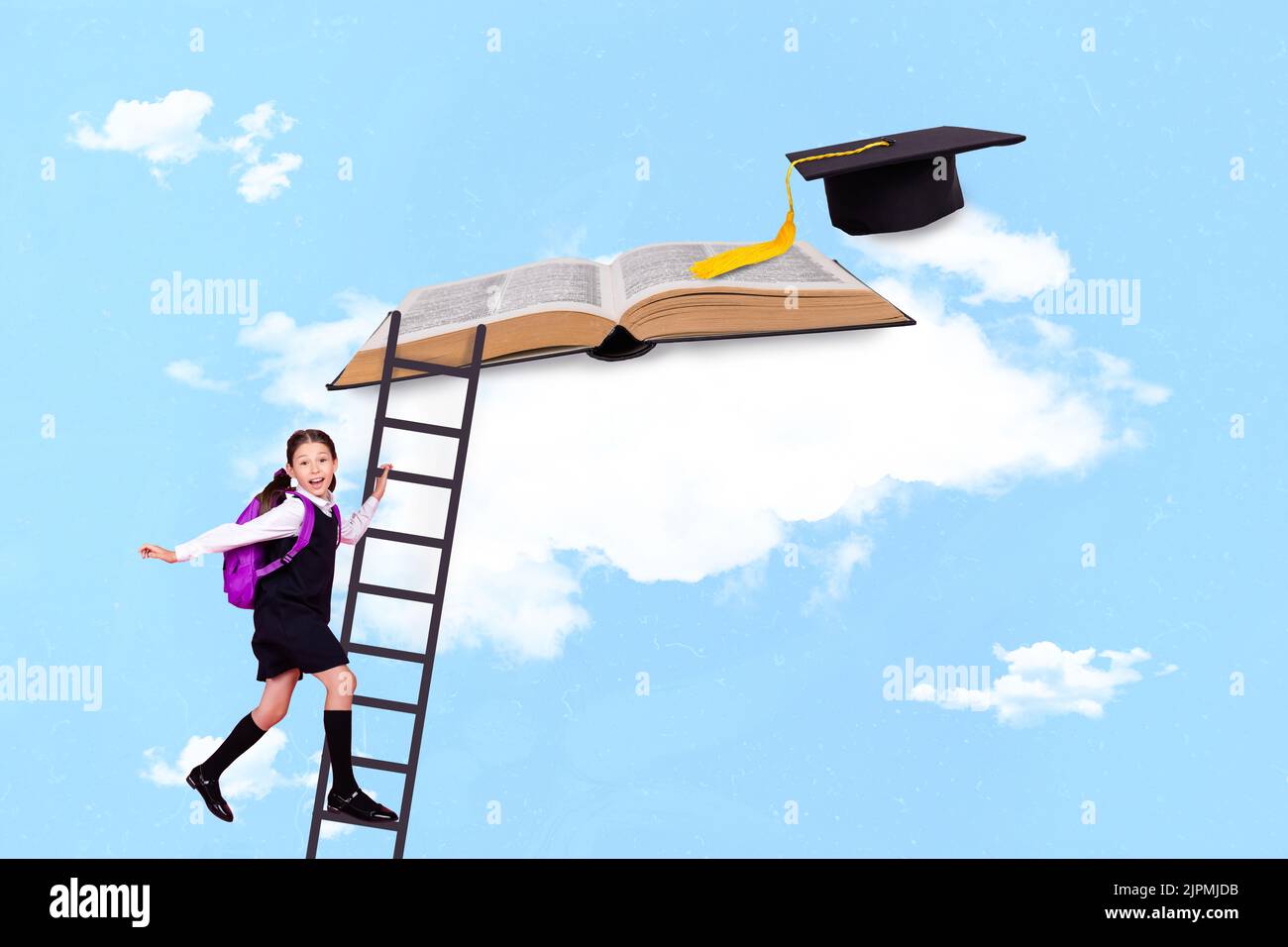 Poster collage of schoolgirl go up to cloud wear uniform bag isolated ...