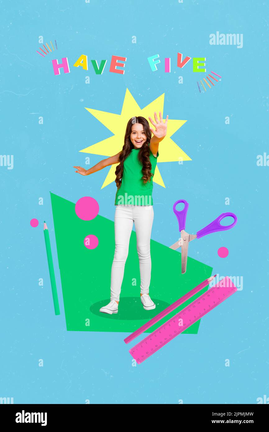 Vertical creative collage of excited small girl arm palm have five text ...