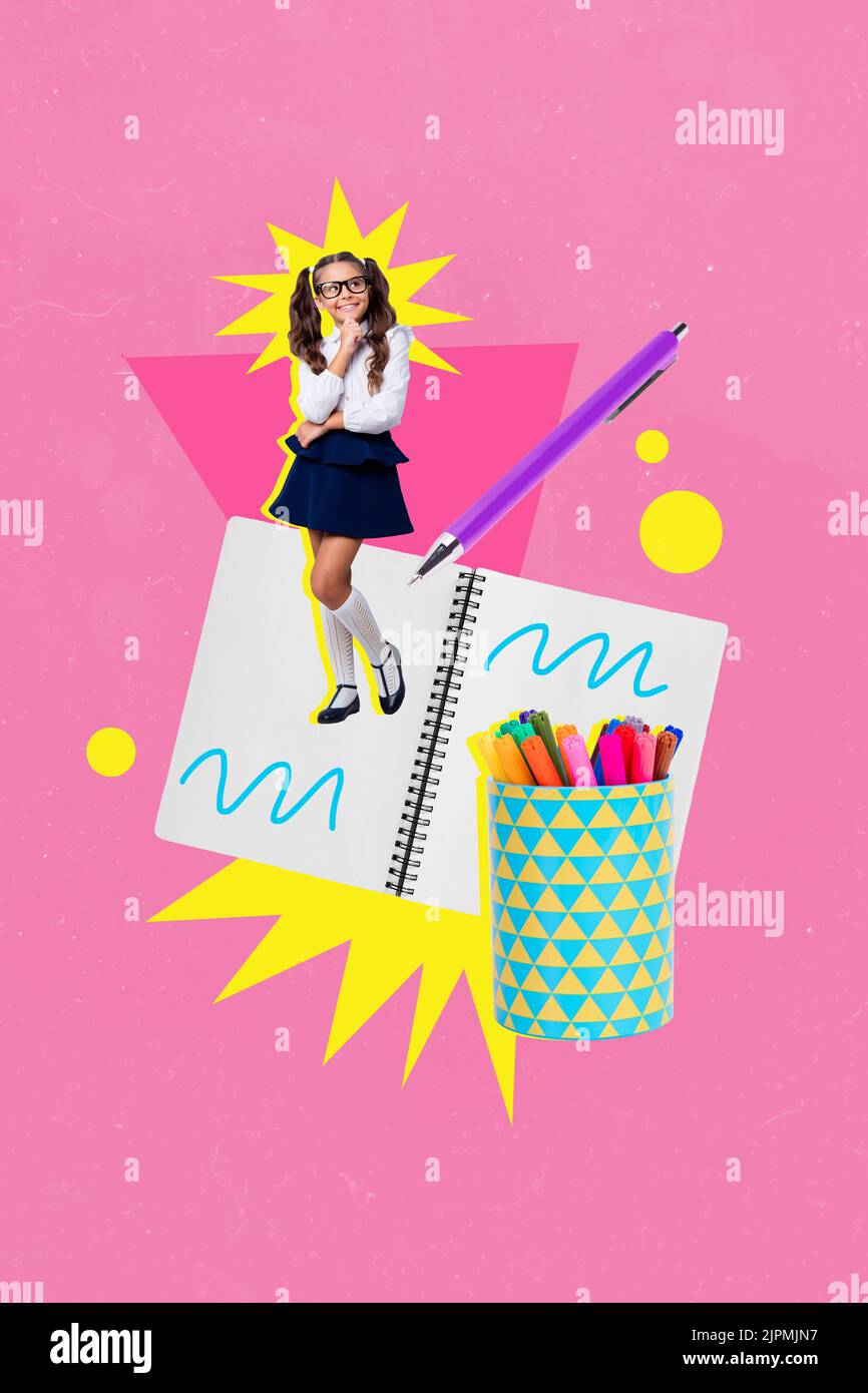 Vertical collage image of minded happy smart girl huge notebook pen ...