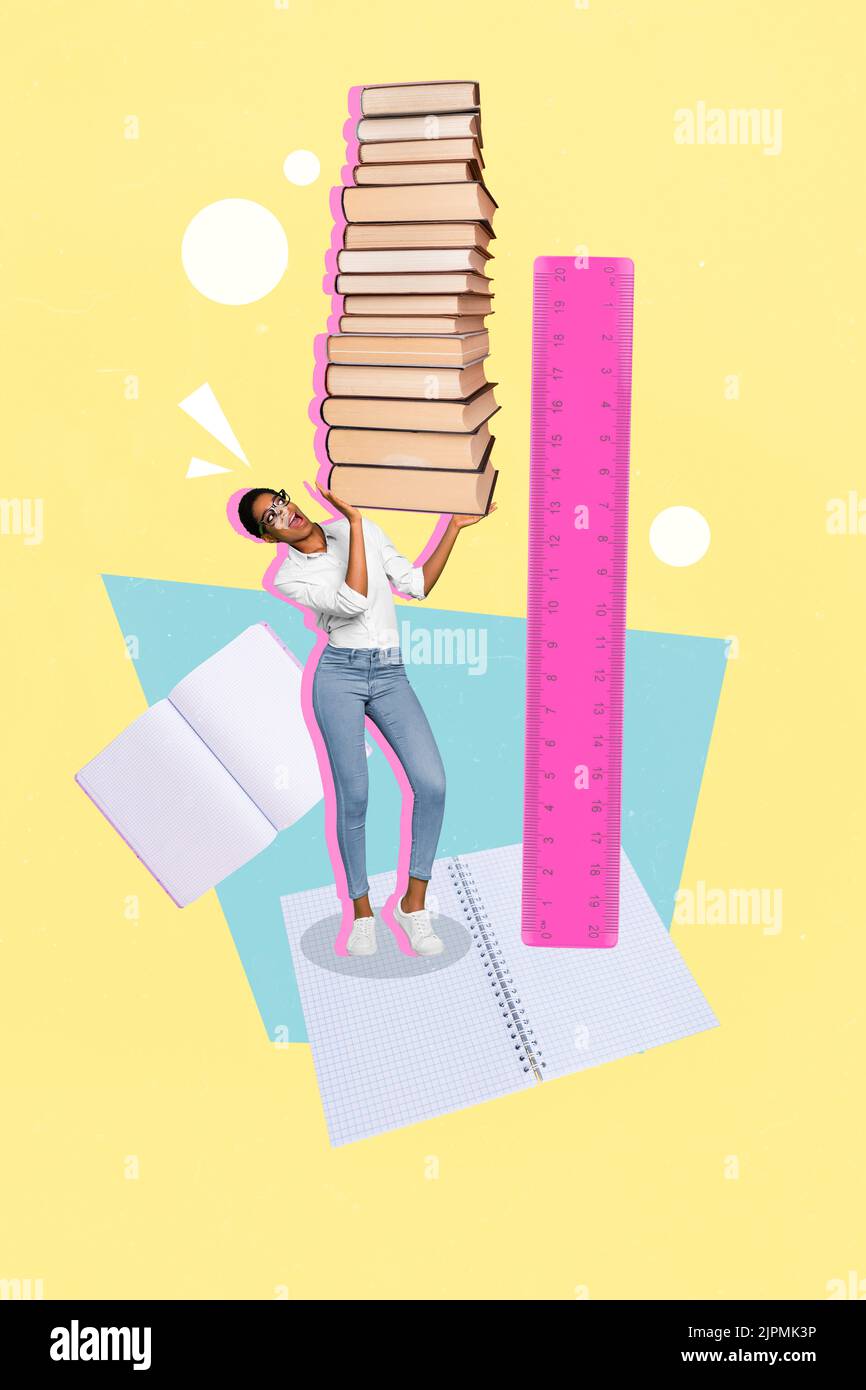 Vertical collage portrait of amazed small person arms hold huge pile ...