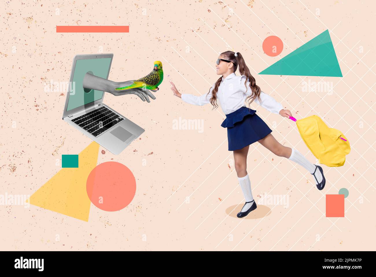 Banner collage of little girl look laptop wear uniform isolated on ...