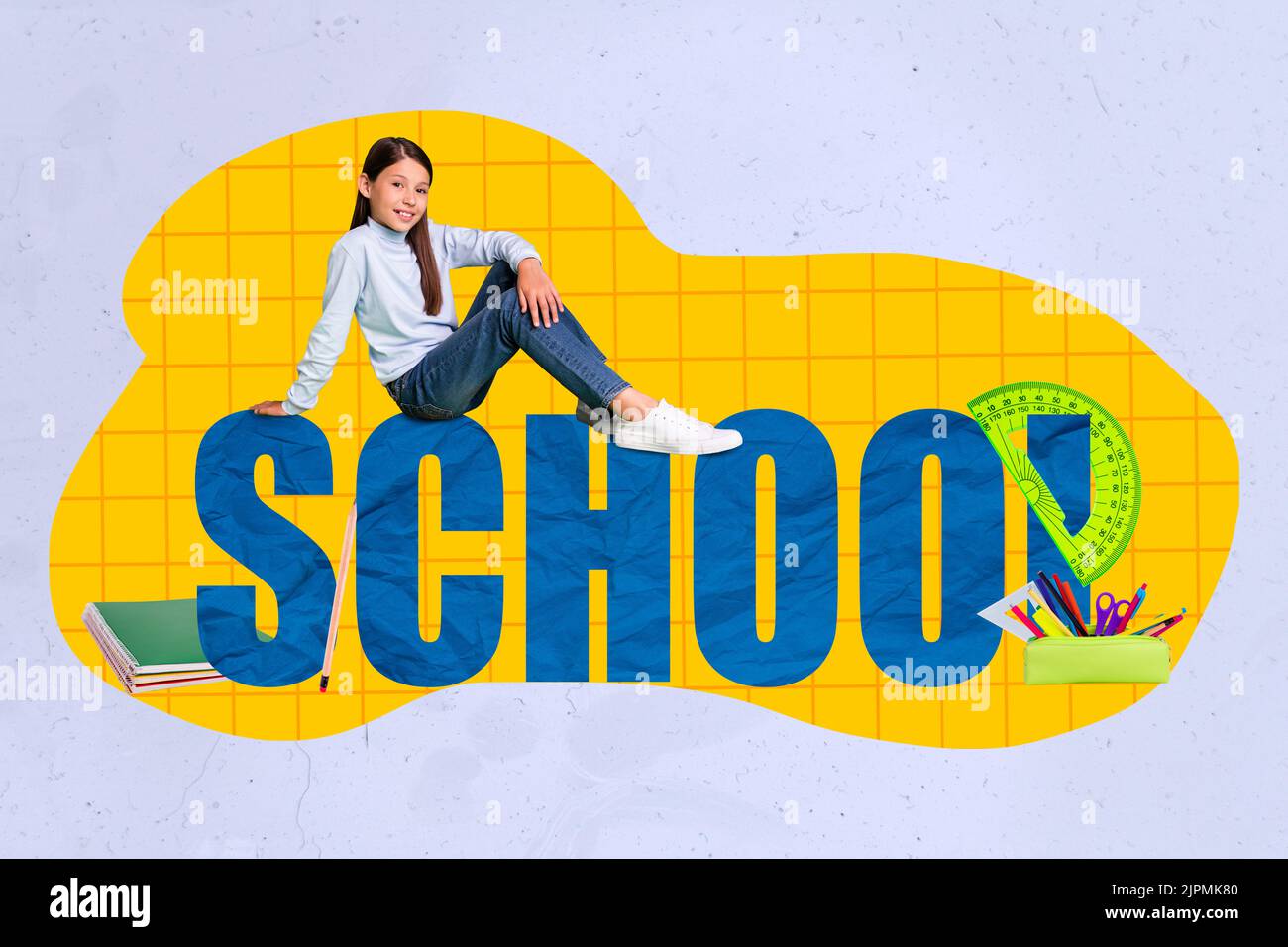 Poster collage of little girl sit on school wear casual cloth isolated ...