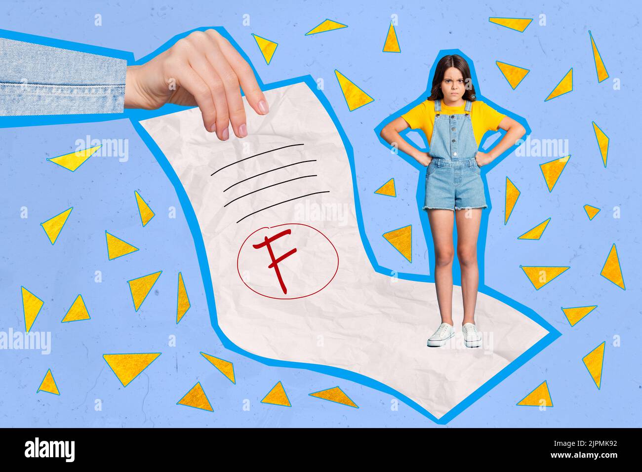 Banner collage of little girl fail homework wear casual cloth isolated ...