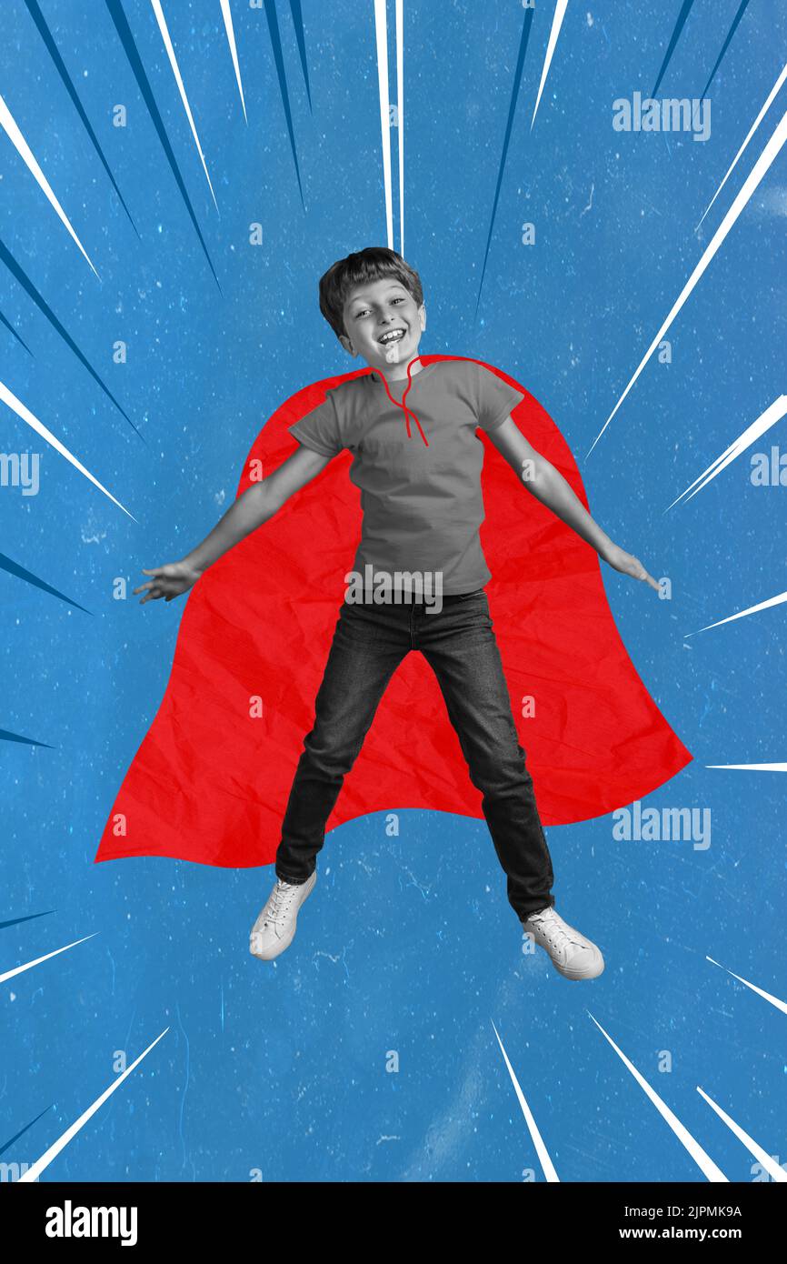 Vertical poster collage of little boy fly wear casual cloth isolated on ...