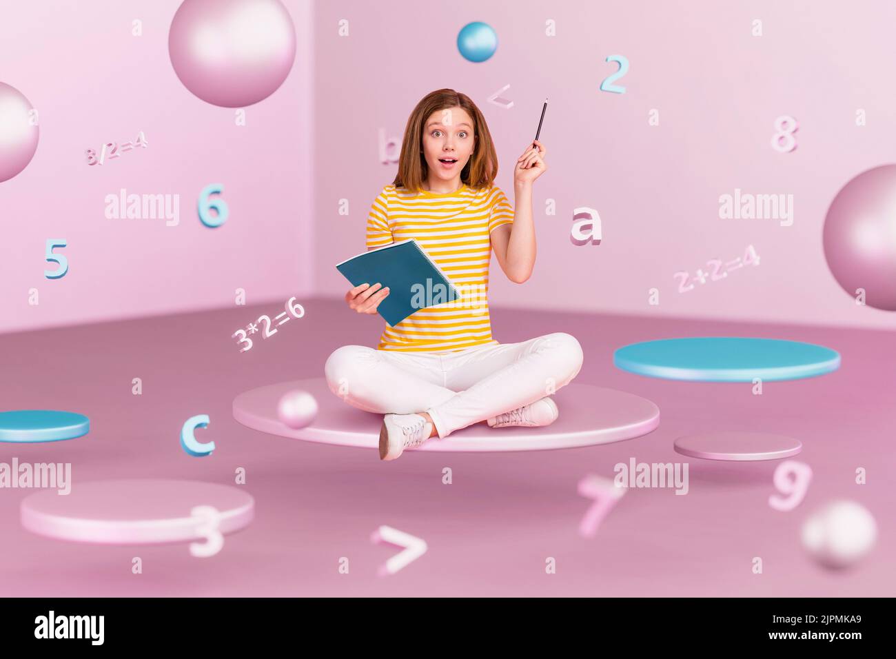 Poster collage of little girl do homework wear casual cloth isolated on ...