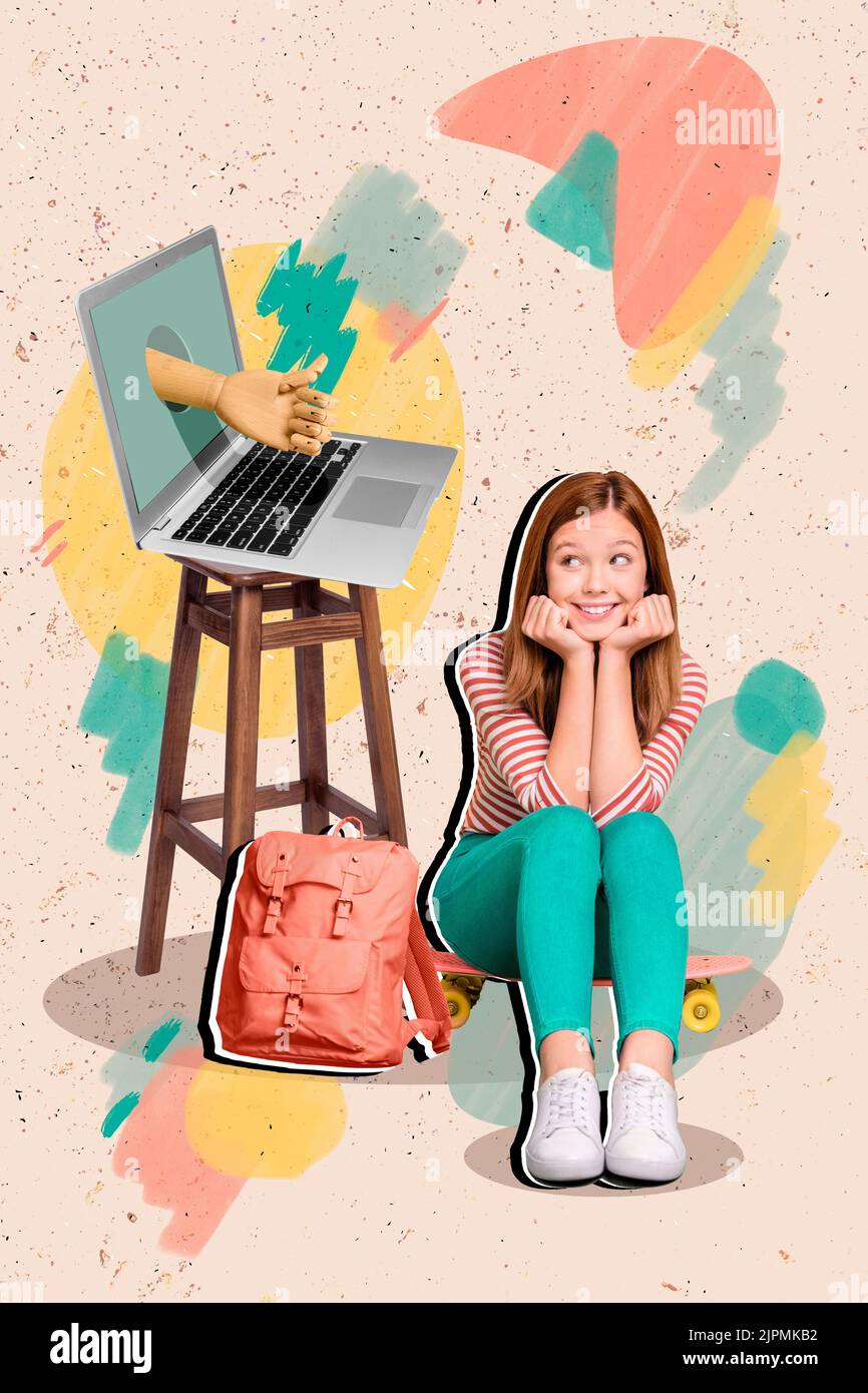 Vertical poster collage of little girl sit look laptop wear casual ...