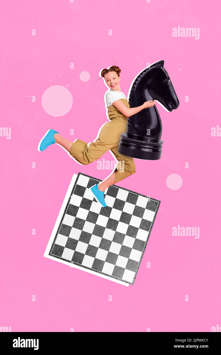 Vertical collage image of excited funny girl hands hold hug chess ...