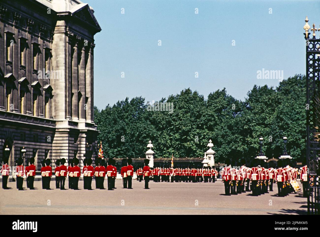 Guardsmen soliders marching, Changing of the Guard, Buckingham Palace, London, England, Uk, late ...