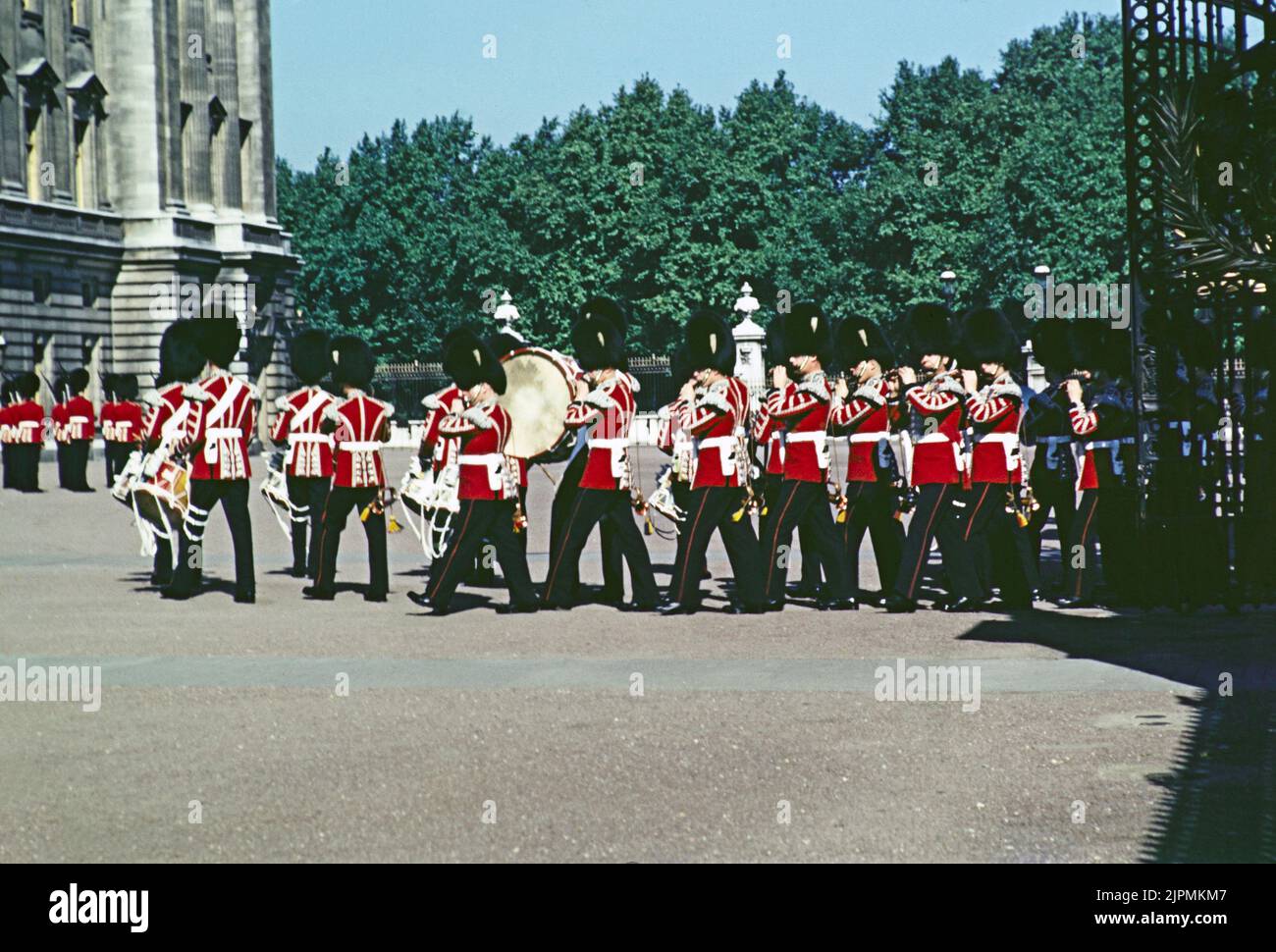 Guardsmen soliders marching, Changing of the Guard, Buckingham Palace, London, England, Uk, late ...