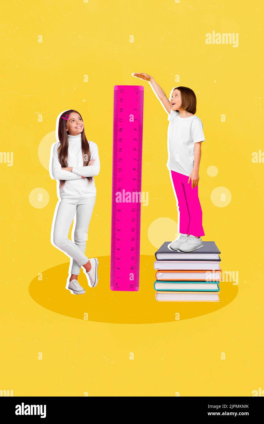 Vertical banner collage of school girls measure size wear casual cloth ...
