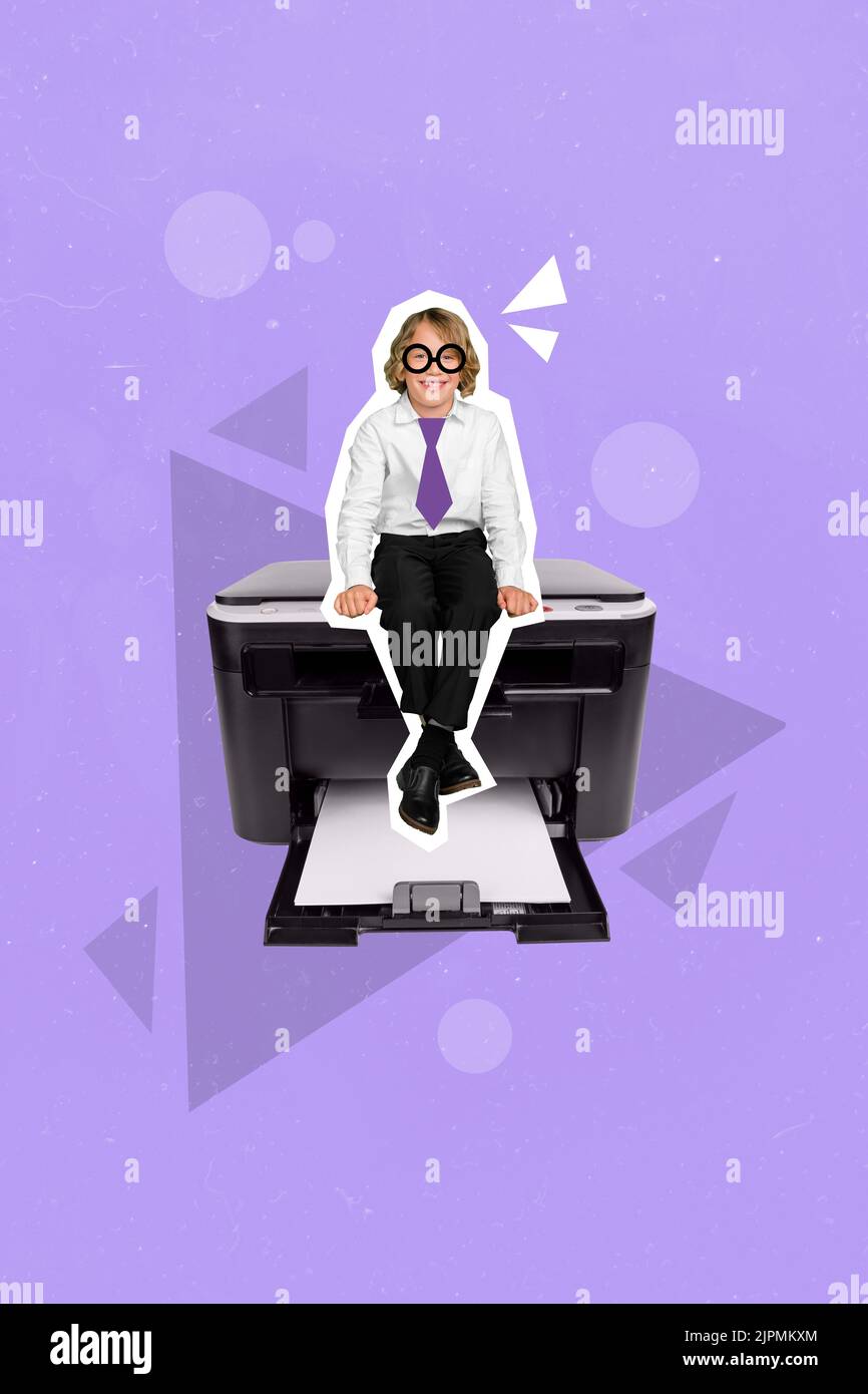 Vertical collage picture of funky small boy sitting big electronic ...