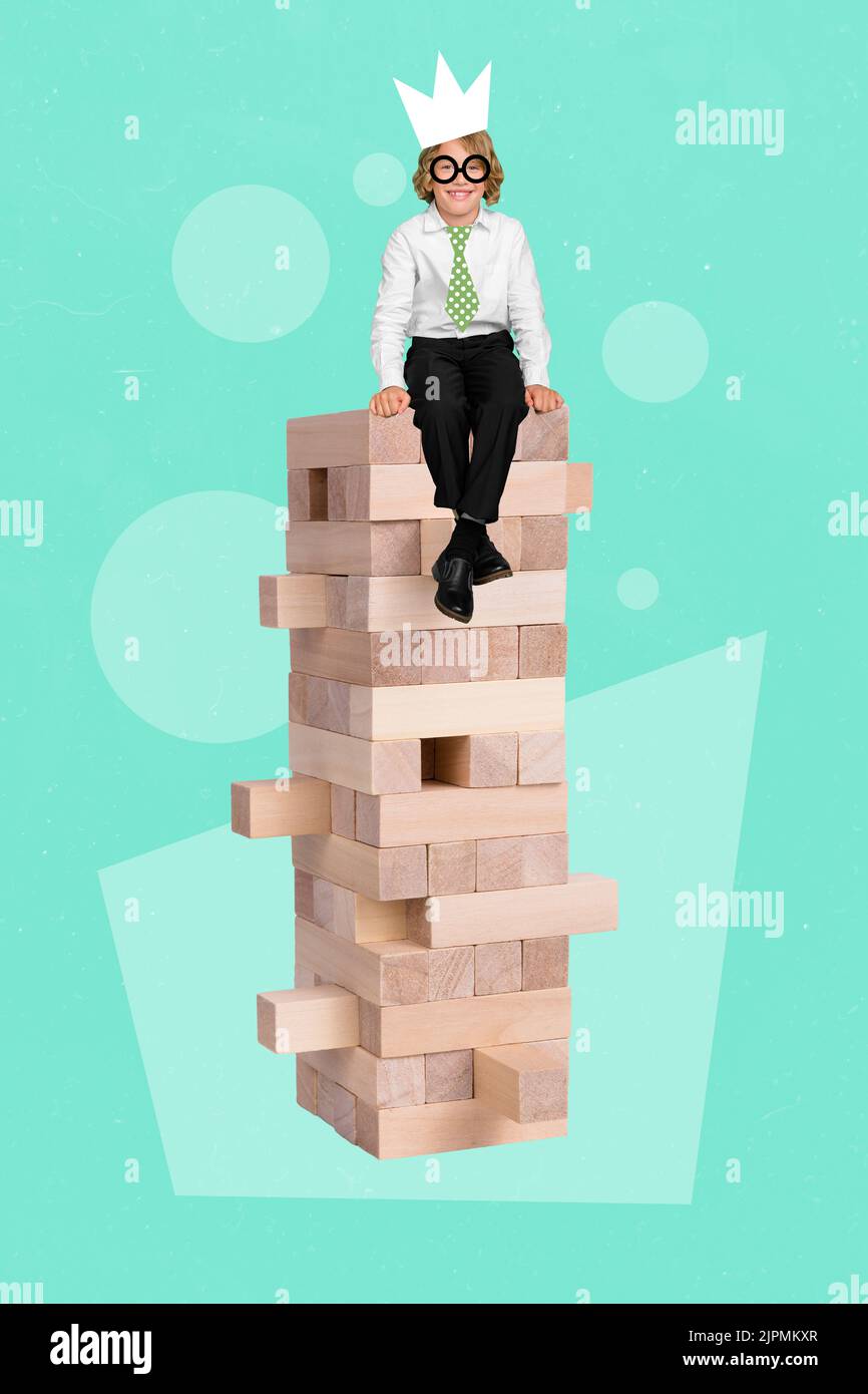 Vertical collage image of clever mini boy sitting jenga brick game ...