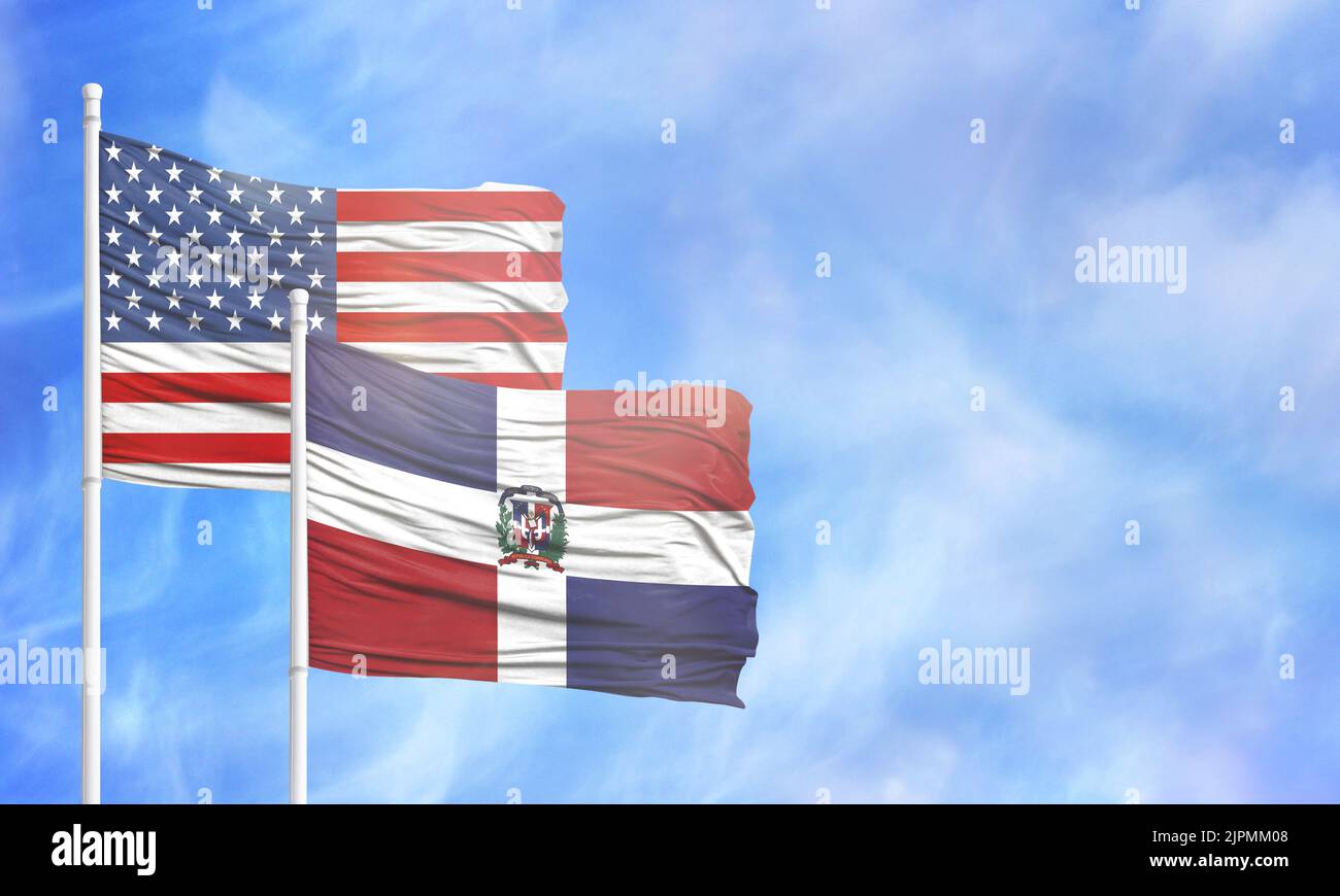 Waving American flag and flag of Dominican Republic Stock Photo - Alamy