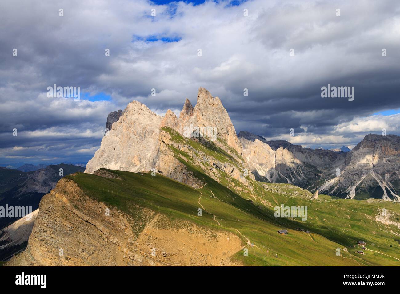 A beautiful scenic view of Seceda mountain under a cloudy sky ...