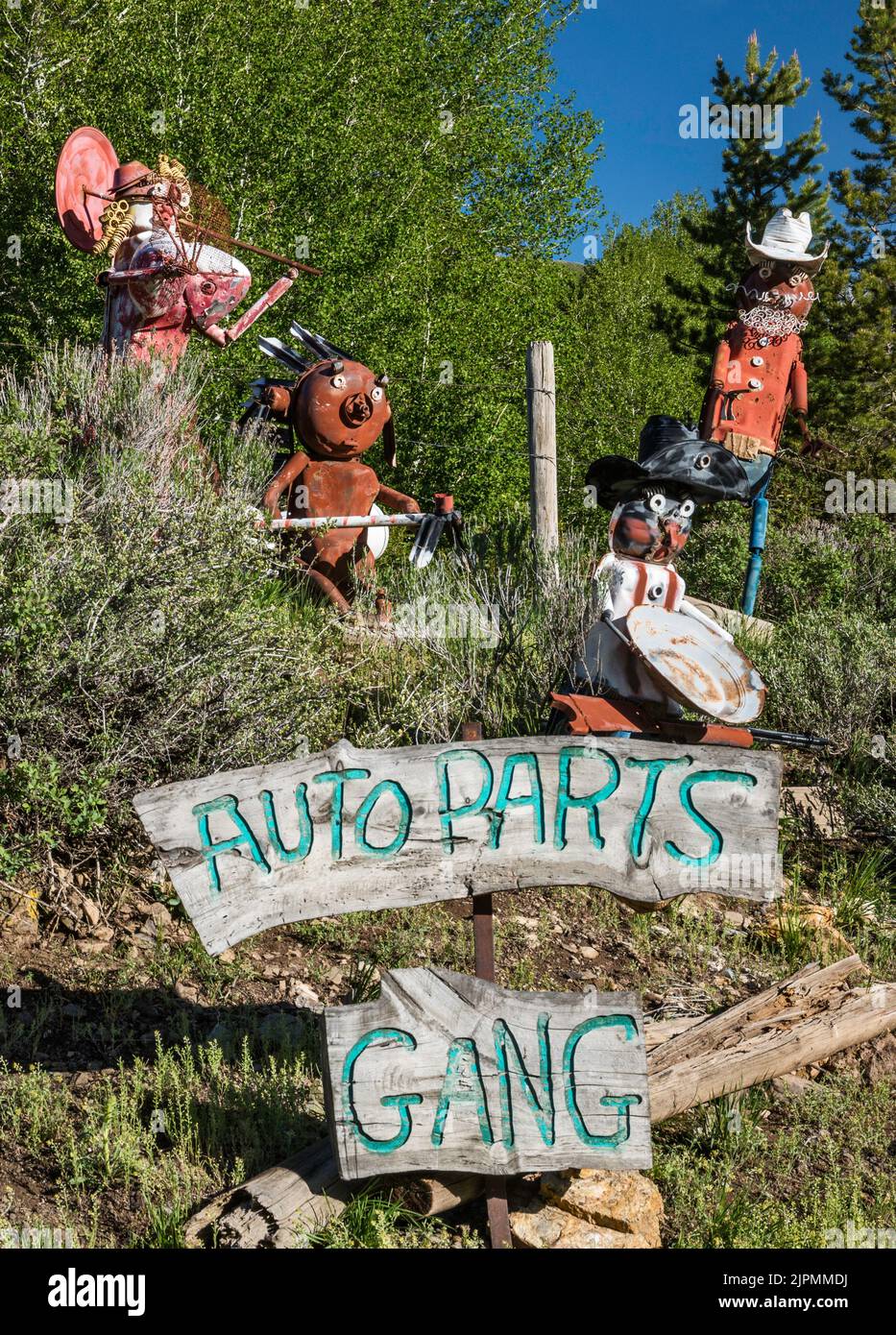 Auto Parts Gang, figures created from auto parts, at ranch entrance ...