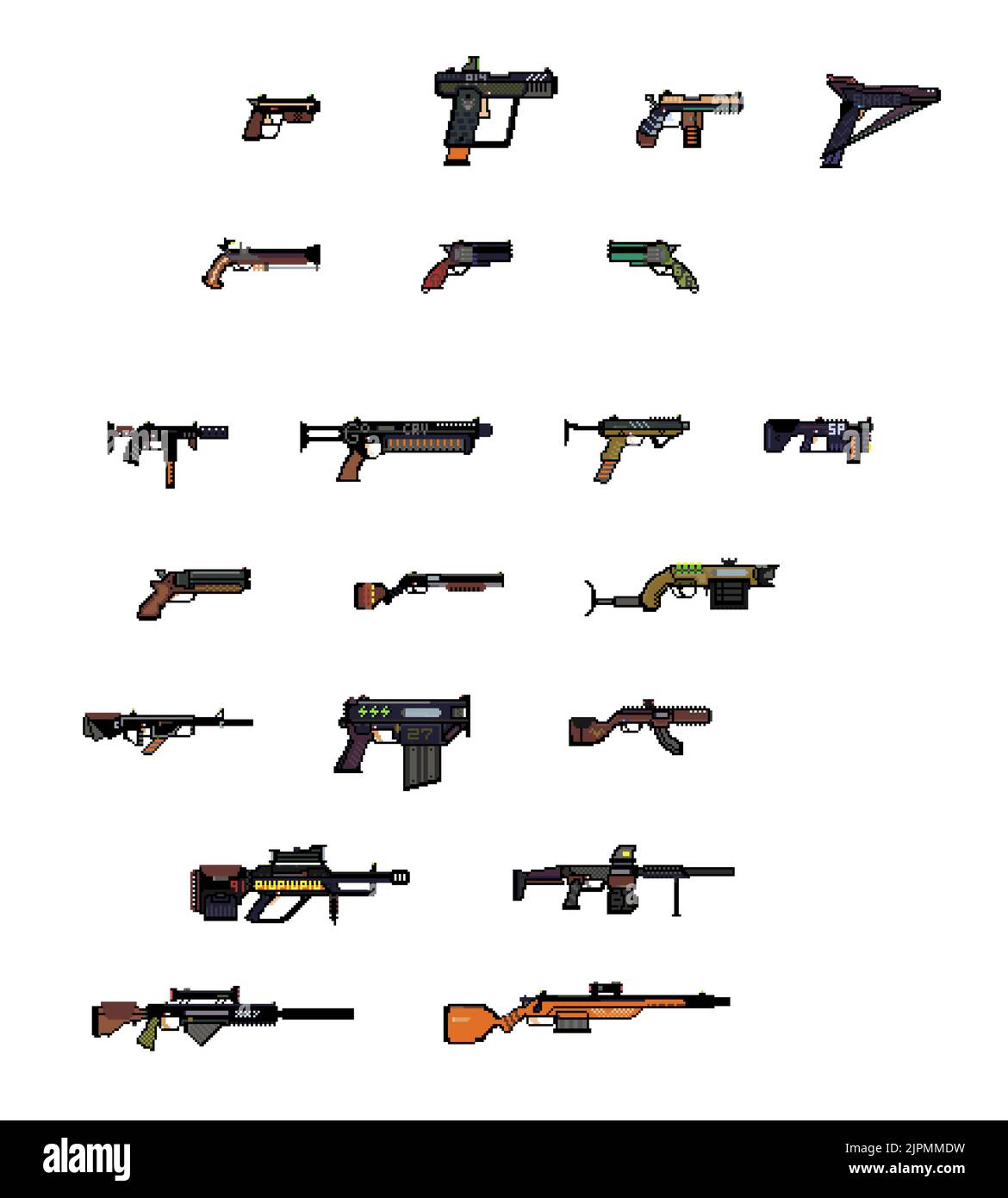 Pixelated and editable guns and different weapons on a white background ...