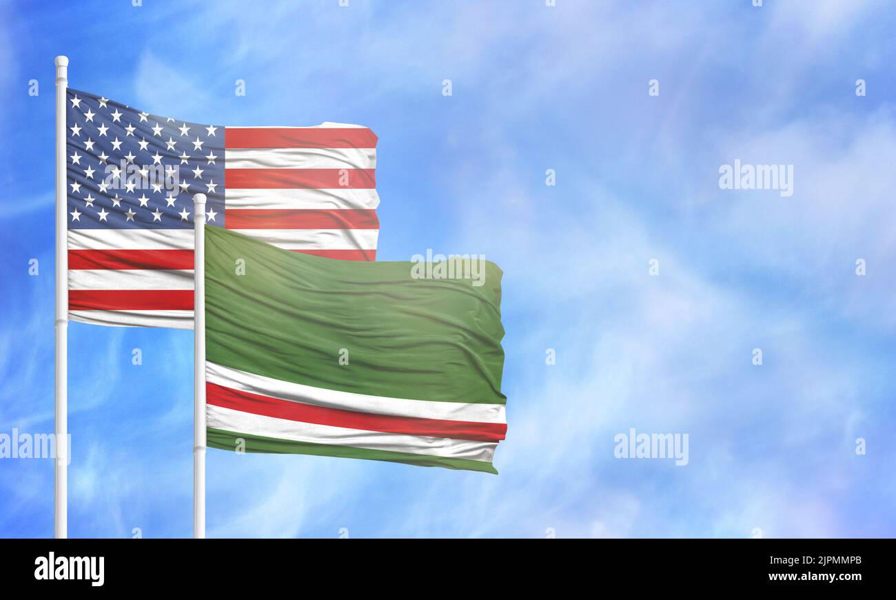 Waving American flag and flag of Chechen Republic of Ichkeria Stock ...